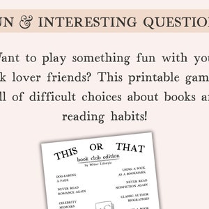 This or That Printable Book Club Game, Reader Party Games for Book ...