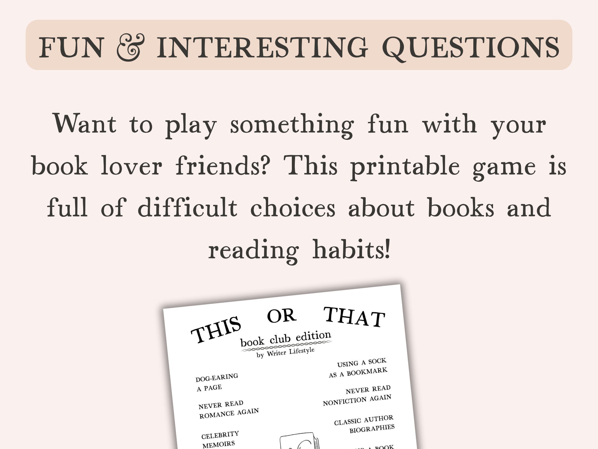 This or That Printable Book Club Game, Reader Party Games for Book ...