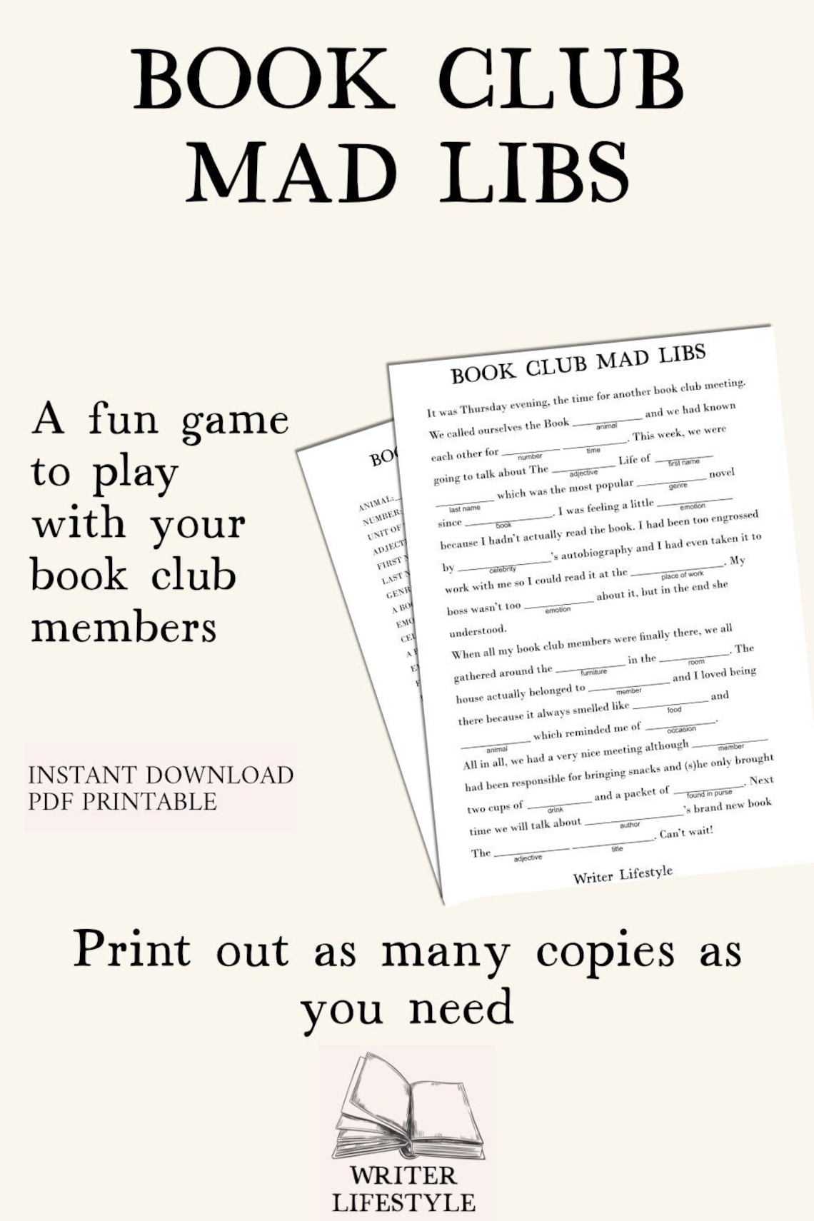 Printable Book Club Game Bookworm Mad Libs Fun Party Game - Etsy