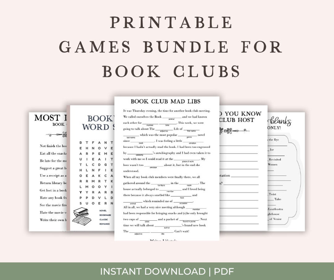 Printable Game Bundle for Book Clubs, Bookworm Party Games, Book Club ...