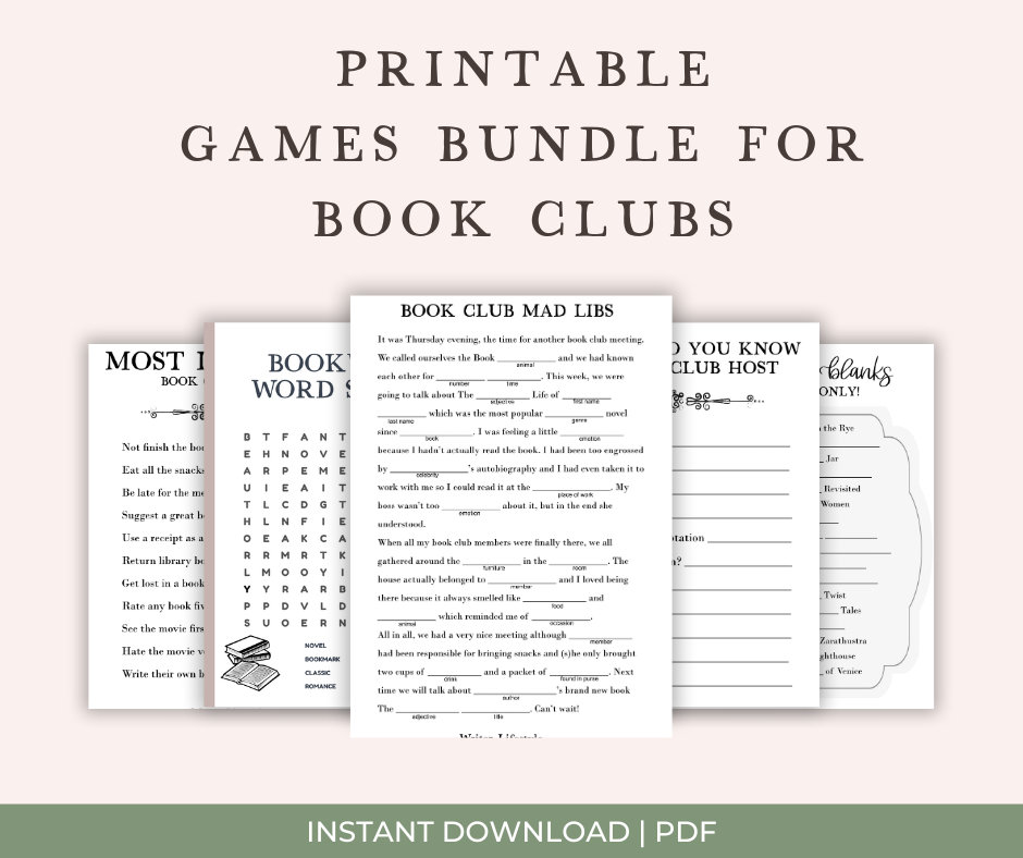 Printable Game Bundle for Book Clubs, Bookworm Party Games, Book Club ...