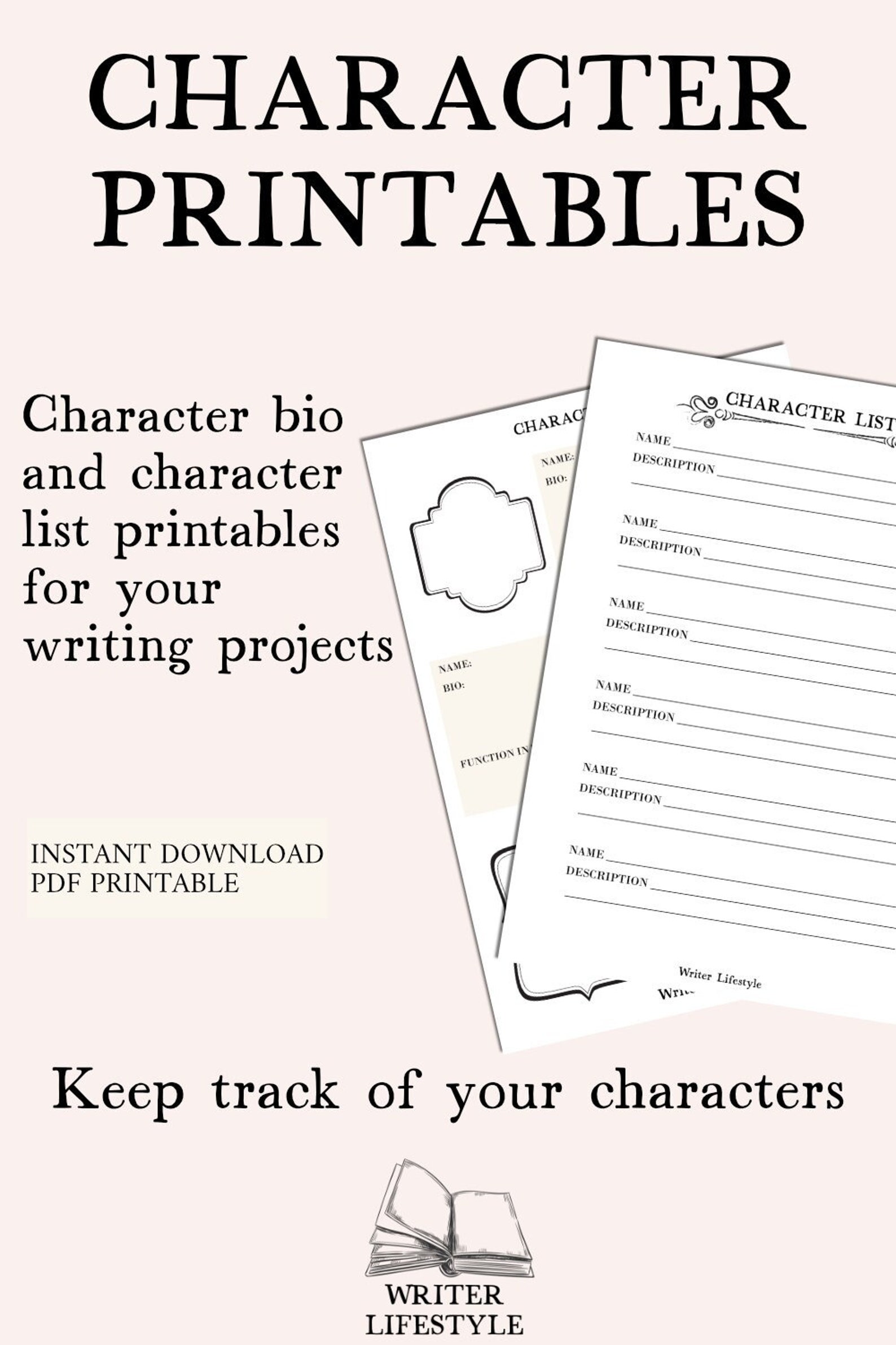 Character Printables for Writers, Character List and Bio Worksheets for ...