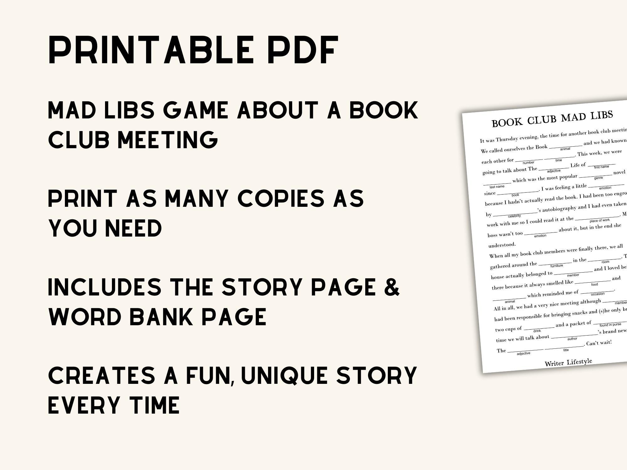 Mad Libs Game for a Book Club Meeting (PDF) - Etsy