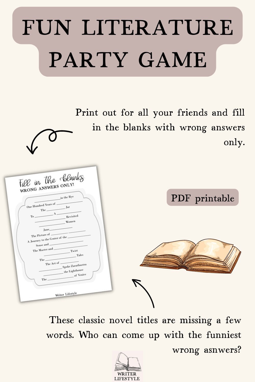 Funny Book Club Game, Printable Literature Party Game, Fill in the ...