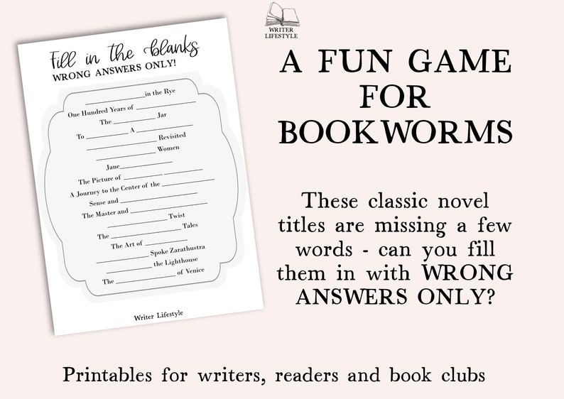 Funny Book Club Game, Printable Literature Party Game, Fill in the ...