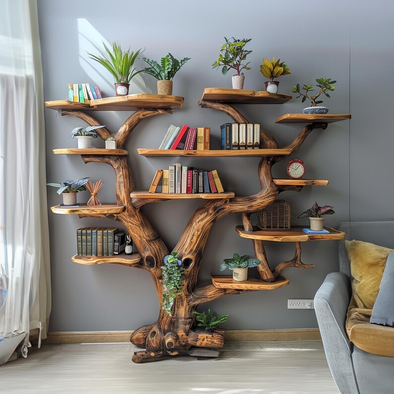 Tree Floating Book Shelf Wall Mount Solid Wood Walnut Bookcase Decor ...