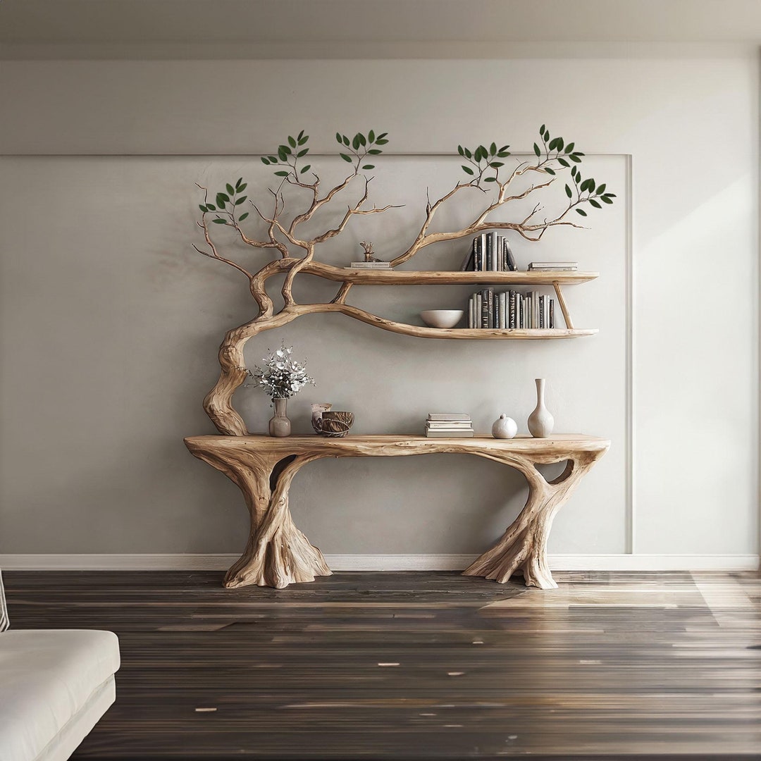 Driftwood Narrow Console Table With Tree Book Shelf Driftwood Console ...