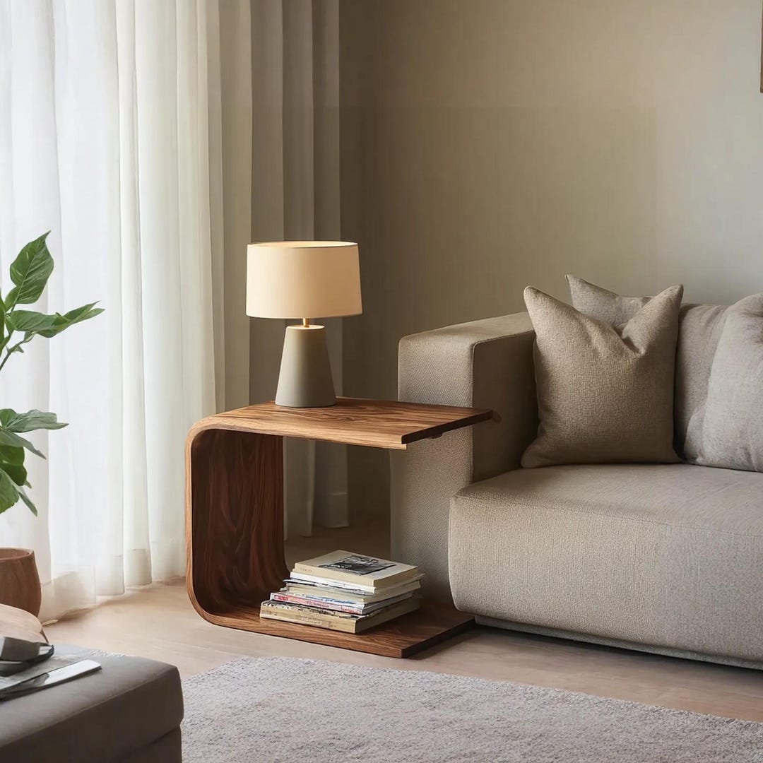 Handmade Walnut Wood C Shaped Side Table Modern Sofa End Minimalist ...