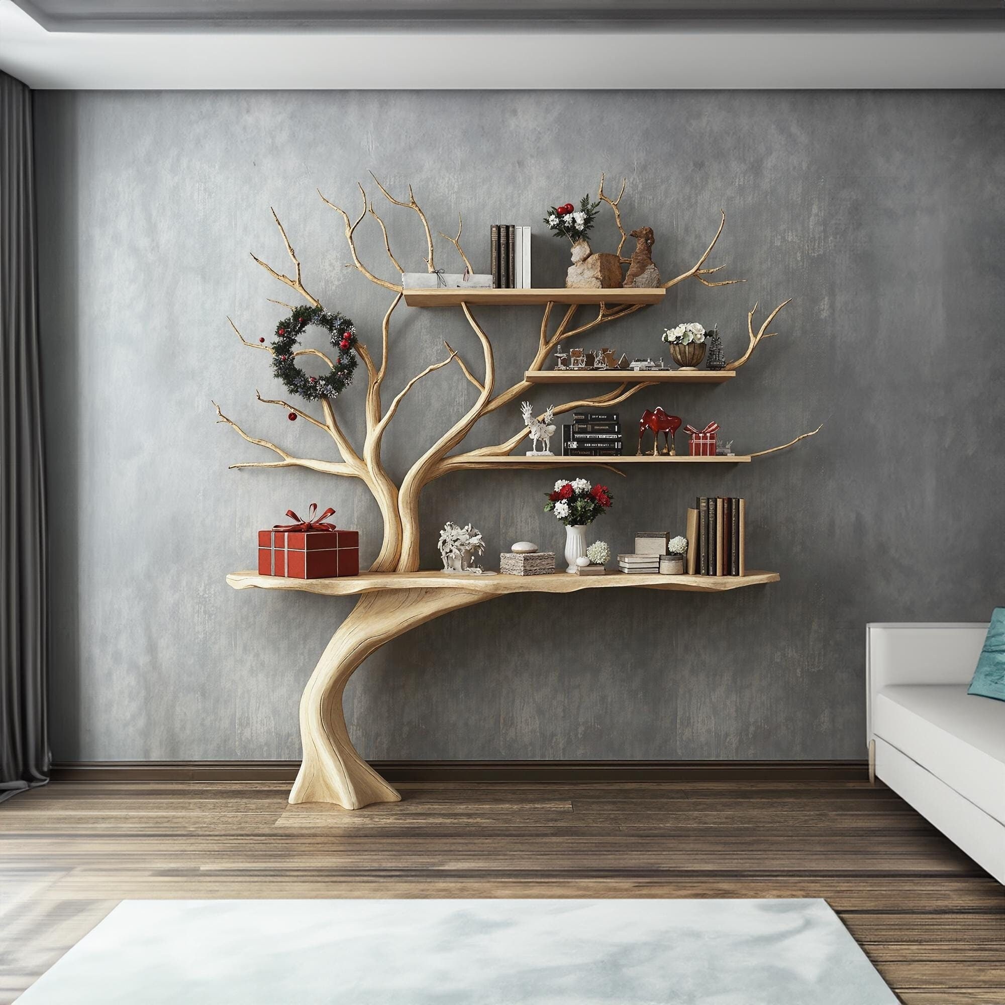 Narrow Console Table With Tree Branch Shelves Solid Wood Table ...