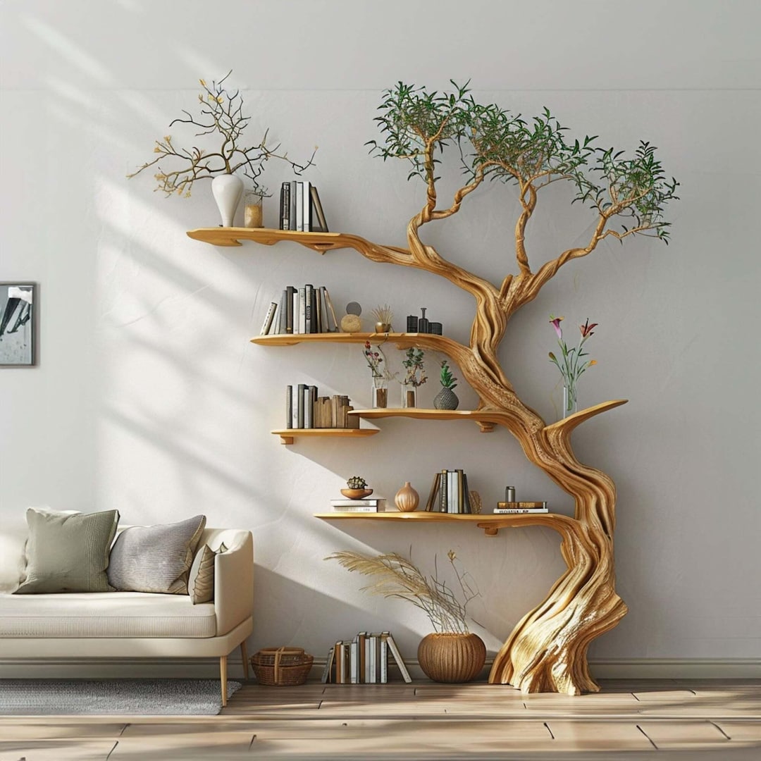 Tree Branch Floating Shelves Live Edge Solid Wood Tree Bookcase Floating Bookshelf Decor Wall ...