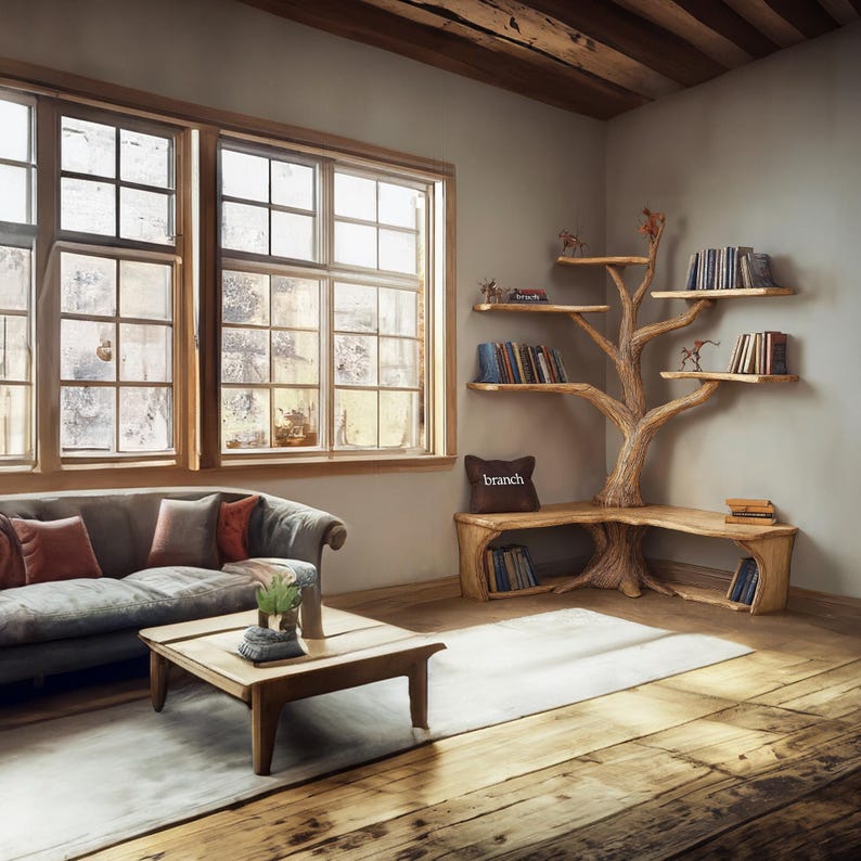 Entryway Bench With Tree Bookcase Corner Floating Shelf Lshaped Bench ...