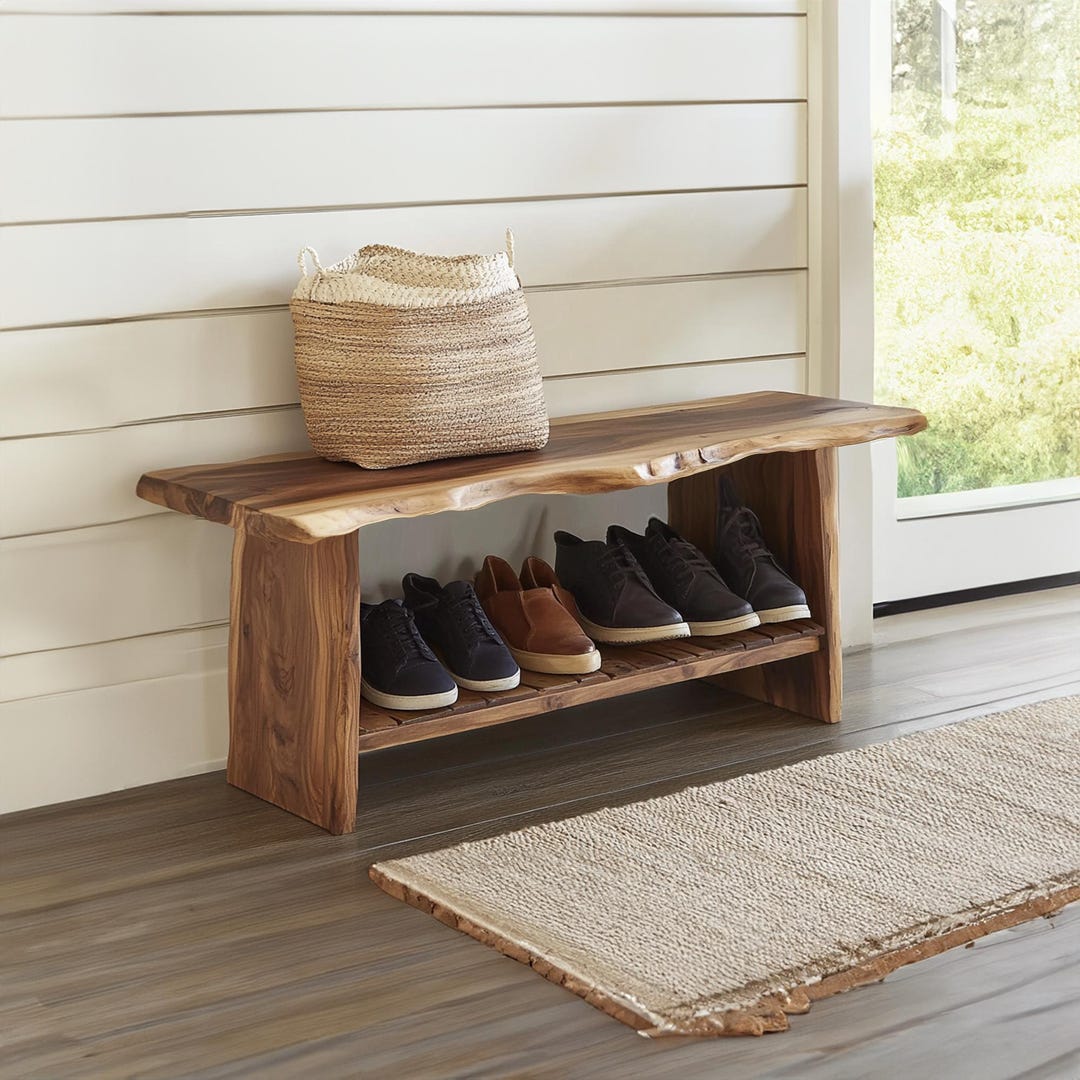 Midcentury Entryway Woven Shoe Bench, Handmade Rustic Shoe Rack Home ...