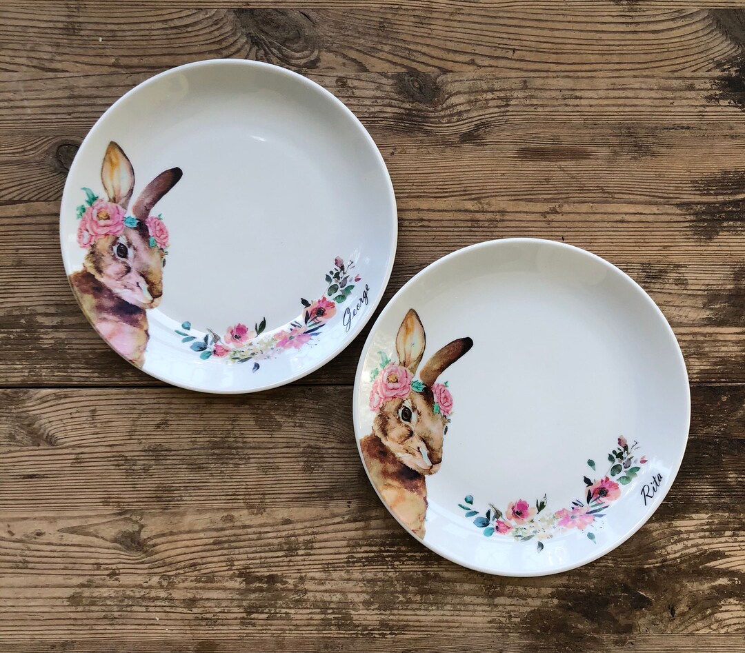 Personalized Bunny Plate Set: Porcelain Dessert Plate, Floral Rabbit - Etsy