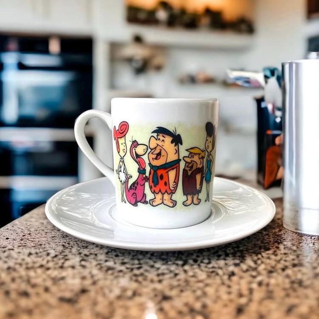 Retro Stone Age Cartoon Espresso Cup – Colorful Prehistoric Family ...