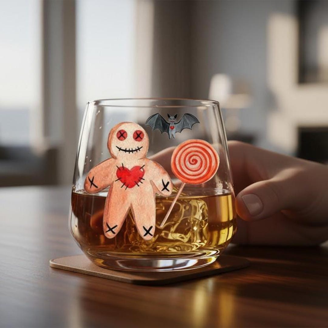 Halloween Whiskey Glass – Voodoo Doll & Bat, Spooky Cocktail Tumbler - Etsy