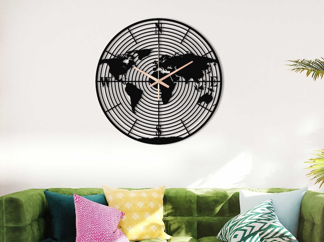 World Map Wall Clock, Oversized Wall Clock, Metal Wall Clock, Unique ...