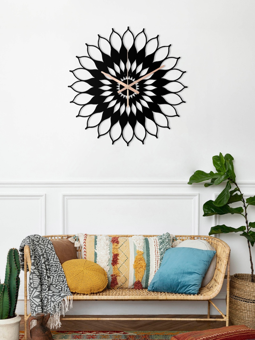 Sunflower Unique Wall Clock, Boho Wall Clock, Black Wall Clock ...