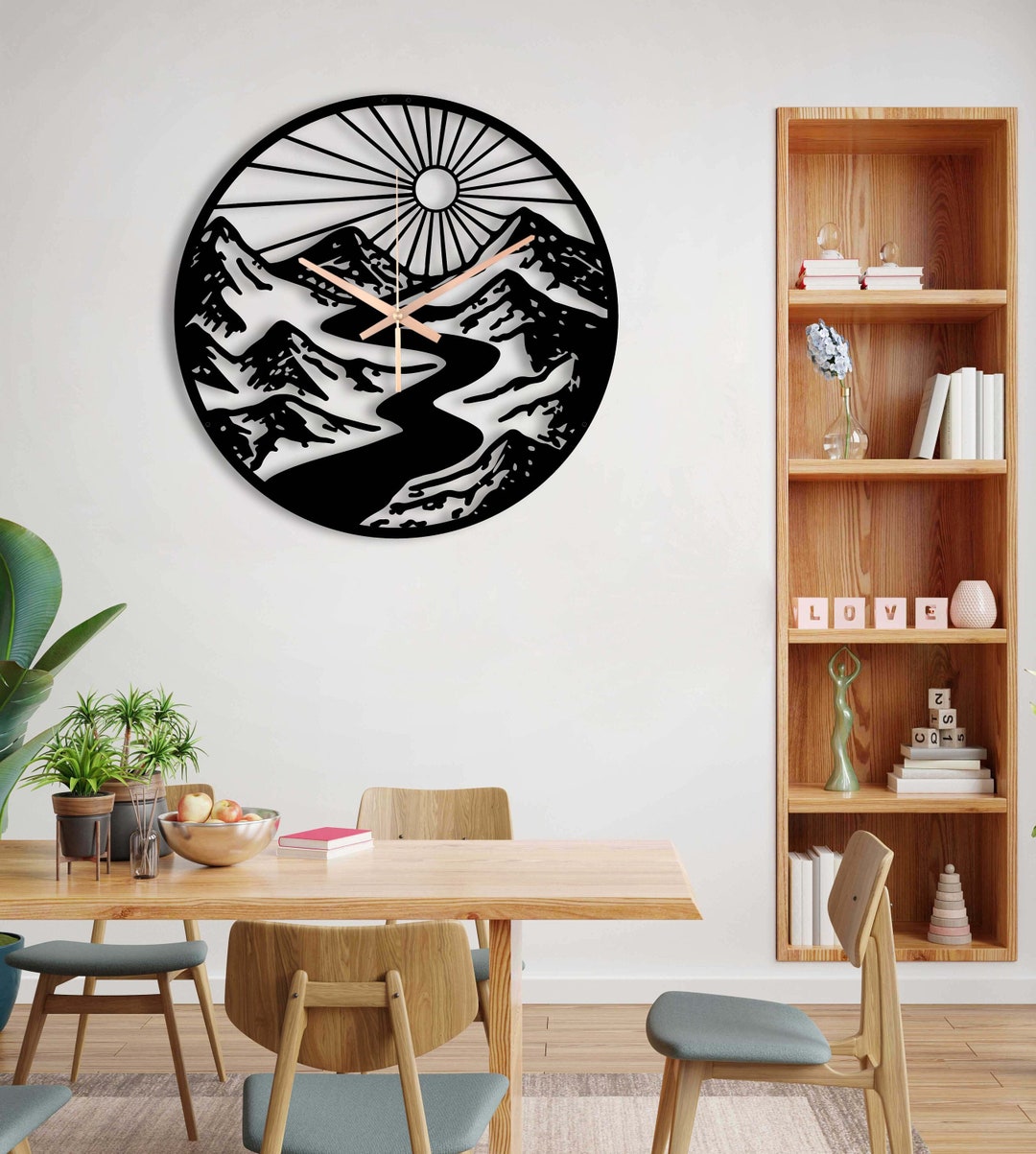 Mountain River Sun Clock, Contemporary Clock, Unique Wall Clock, Boho ...