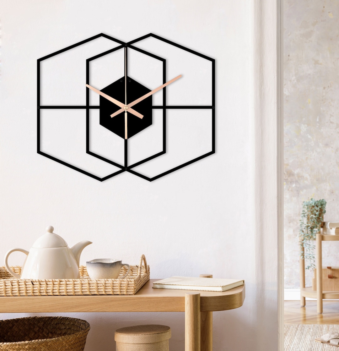 Hexagon Wall Clock, Geometric Wall Clock, Minimalist Clock, Black Wall ...