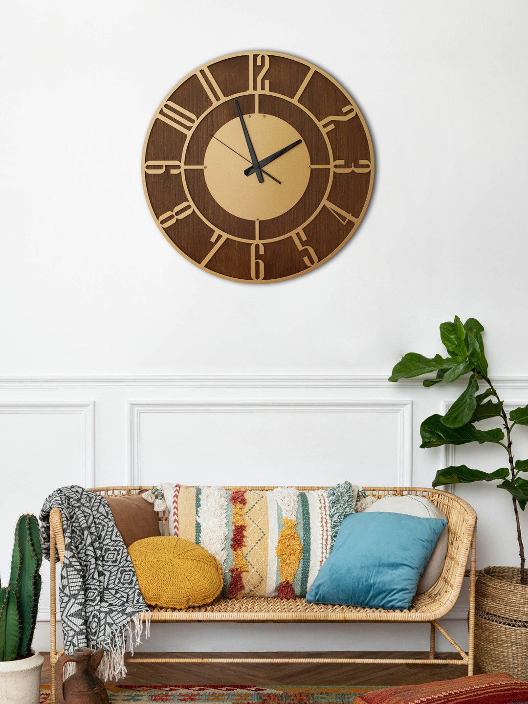 Gold Metal Wall Clock, Wooden Wall Clock, Unique Wall Clock, Oversized ...