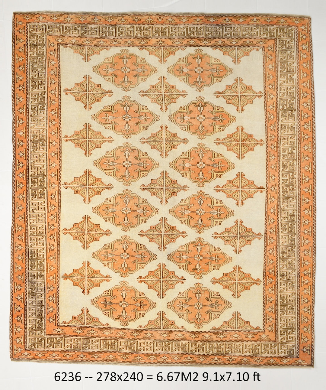 8x9 Rug, 8x9 Orange Beige Vintage Rug, 8x9 TURKISH VINTAGE RUG, Wool ...