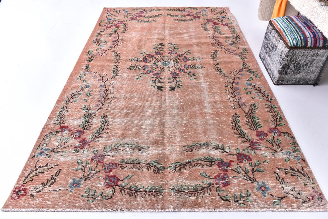 5x9 Vintage Peach Rug, 5x9 Handmade Area Rug, 5x9 Rug, Peach Green ...
