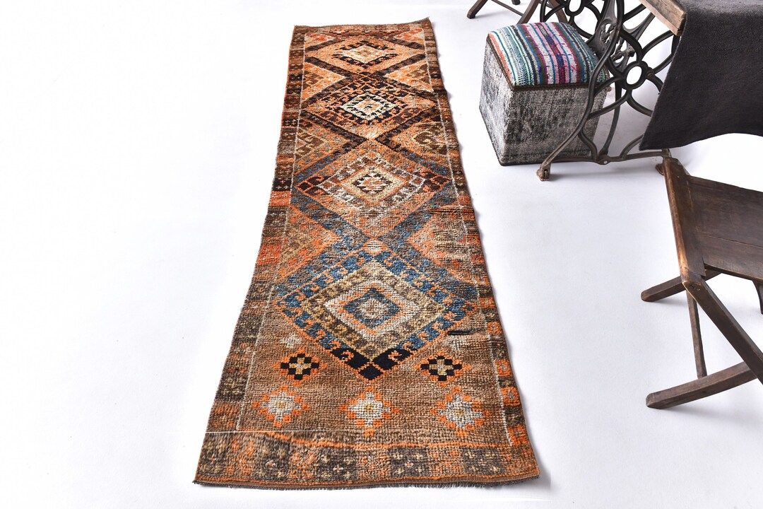 2x9 Turkish Runner Rug, 2x9 Navy Blue Orange Vintage Runner, 2x9, Herki ...
