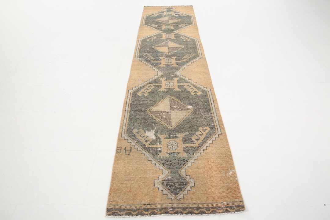 3x11 Turkish Vintage Runner Rug, Shades of Light Mustard Gray, Extra ...