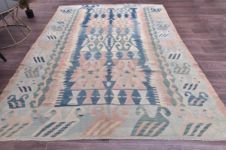 7x9 Vintage Faded Turkish Kilim Rug, Handmade Wool Jute Kilim Rug, 7x9 ...