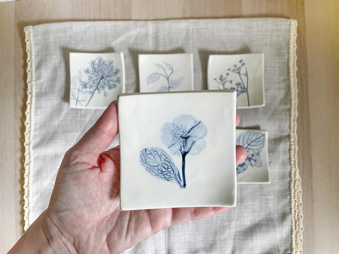 Square Ceramic Plates Made With Real Flowers Imprinted and Painted in ...