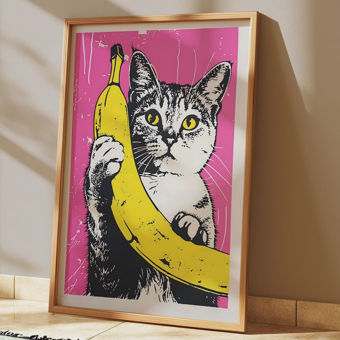 Cat Art Print - Funny Cat Art - Gallery Wall Poster - Pink and Yellow ...