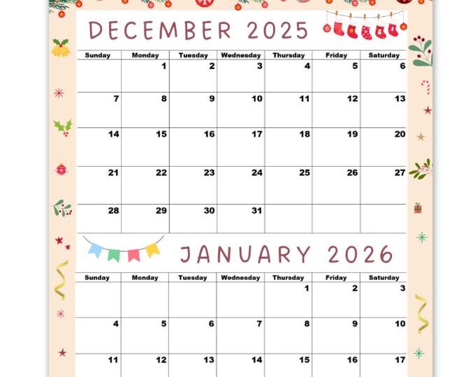 December 2025 and January 2026 Calendar, Dec 2025-jan 2026,winter ...