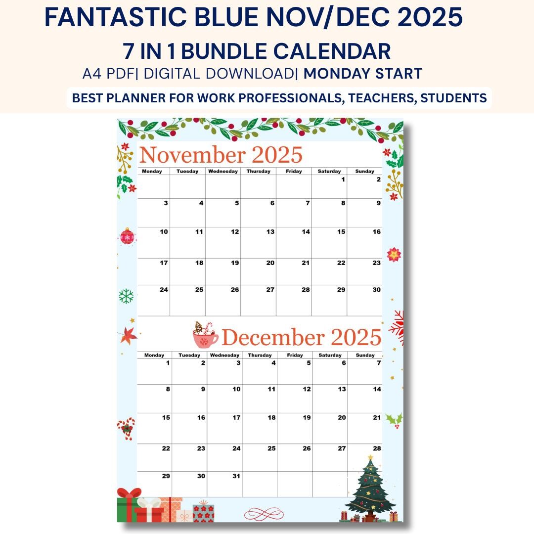 November and December 2025 Calendar Printable- Monday Start | Christmas ...