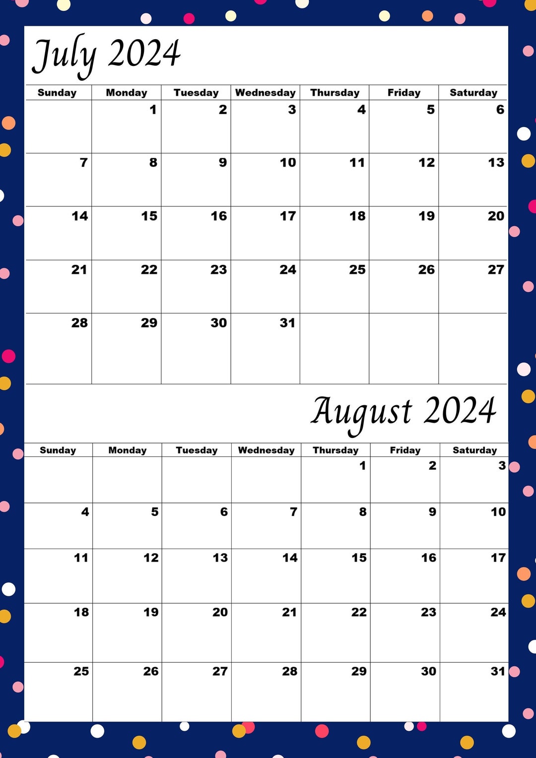 Juli 2024 Kalender,August 2024 Kalender,Juli 2024,August 2024,A4 Größe ...