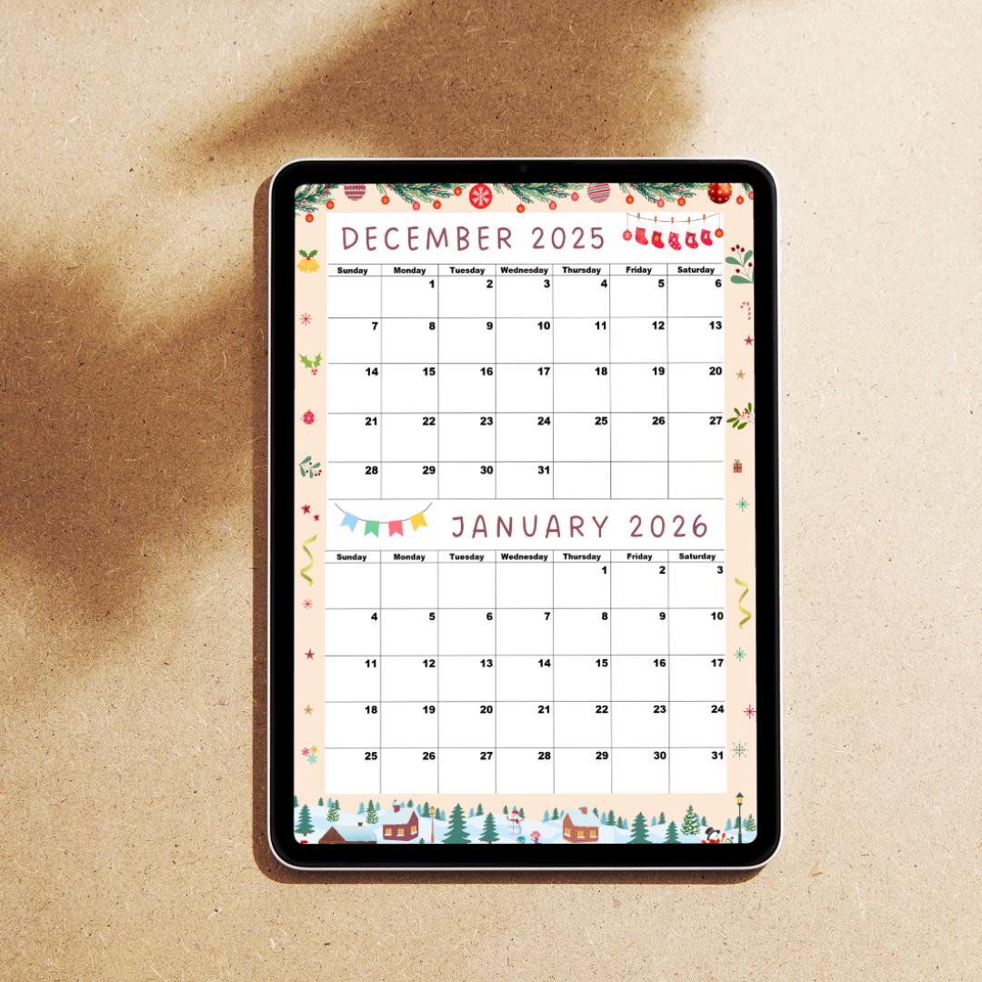 December 2025 and January 2026 Calendar, Dec 2025-jan 2026,winter ...
