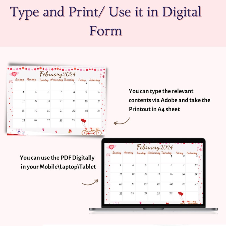 February 2024 Calendar,feb 2024 Calendar, Valentine Gift 2024,A4 Size ...
