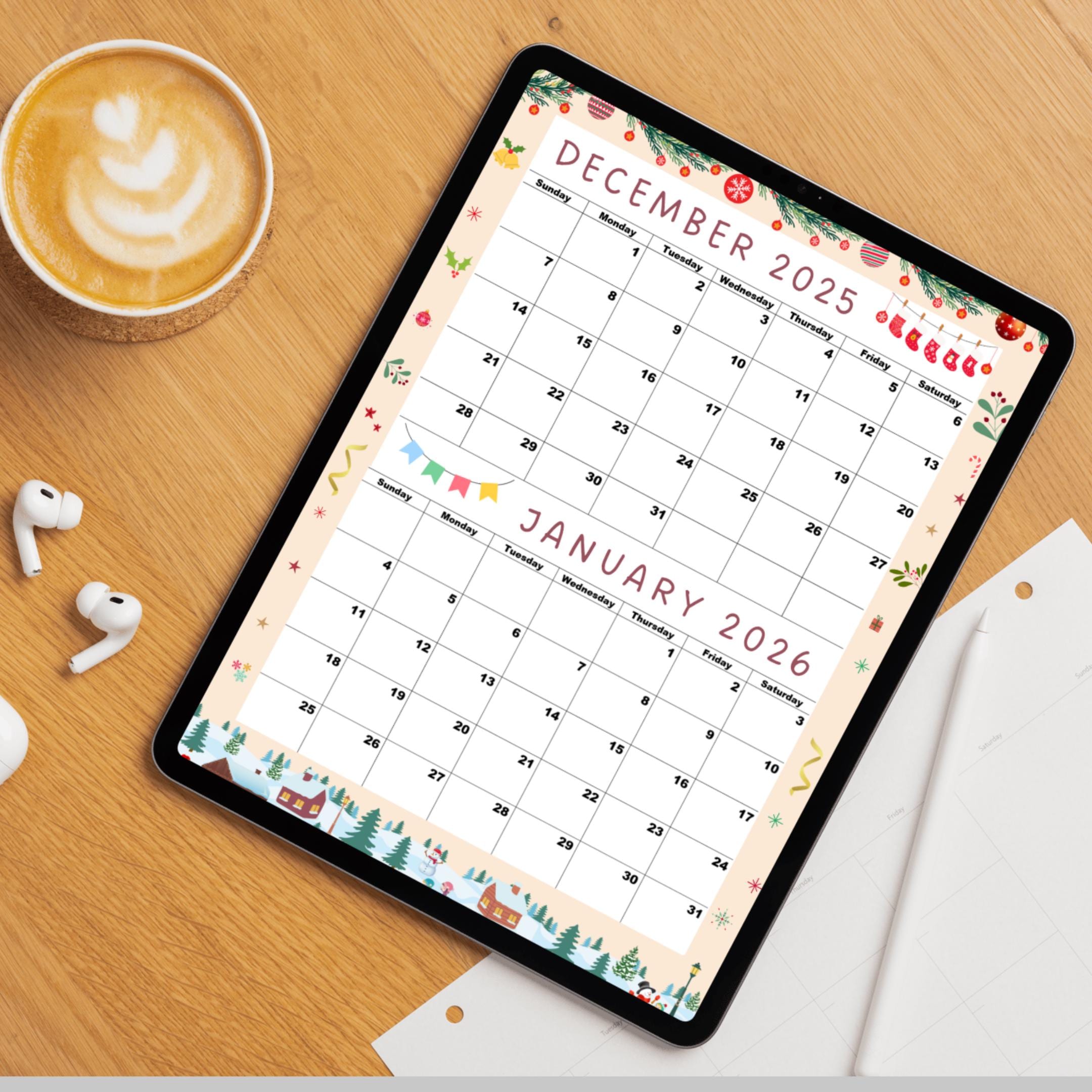 December 2025 and January 2026 Calendar, Dec 2025-jan 2026,winter ...