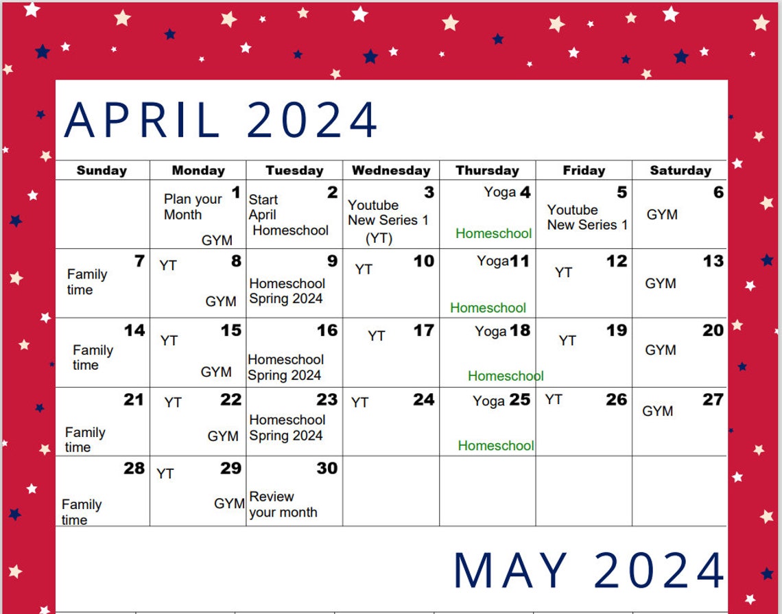 April 2024 Calendar, May 2024 Calendar,lovely Red Calendar,digital ...