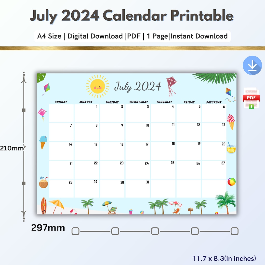 Fillable July 2024 Calendar,july 2024 Printable,a4 Size,digital,pdf ...