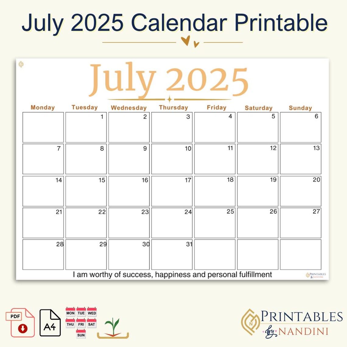 July Calendar 2025 Printable PDF A4 Size PDF Format,fillable,monday ...