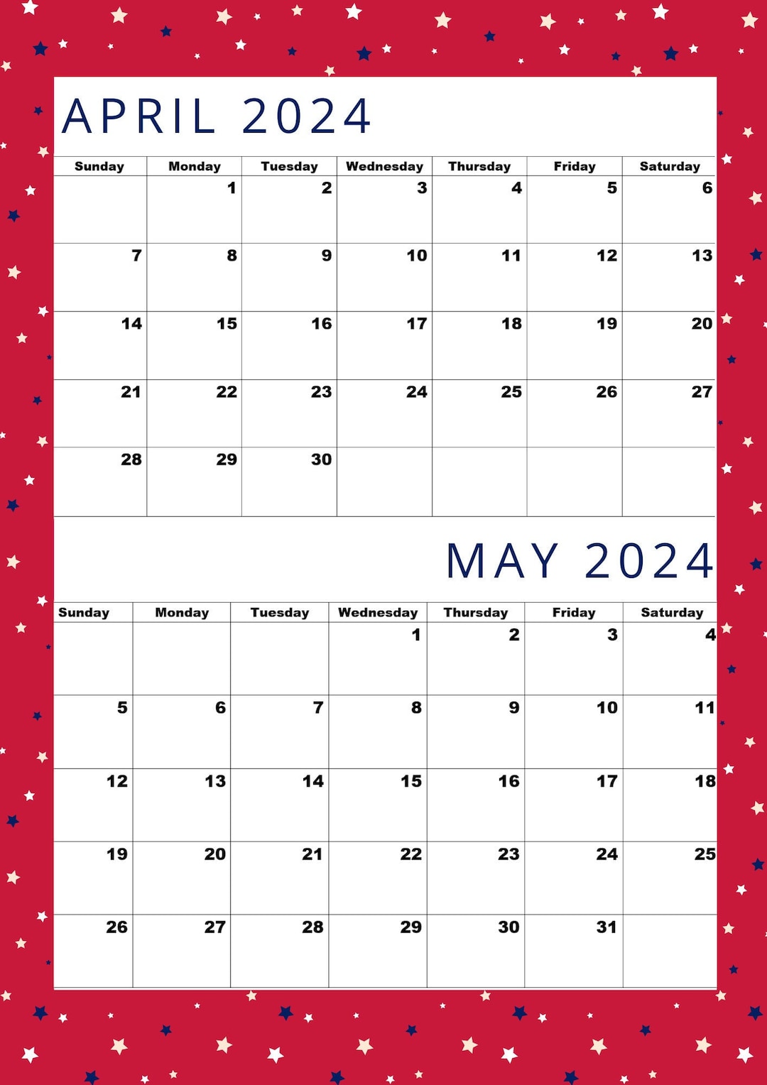 April 2024 Calendar, May 2024 Calendar,lovely Red Calendar,digital ...