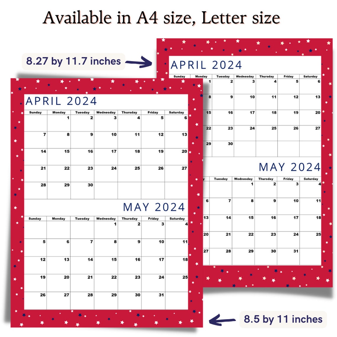 April 2024 Calendar, May 2024 Calendar,lovely Red Calendar,digital ...