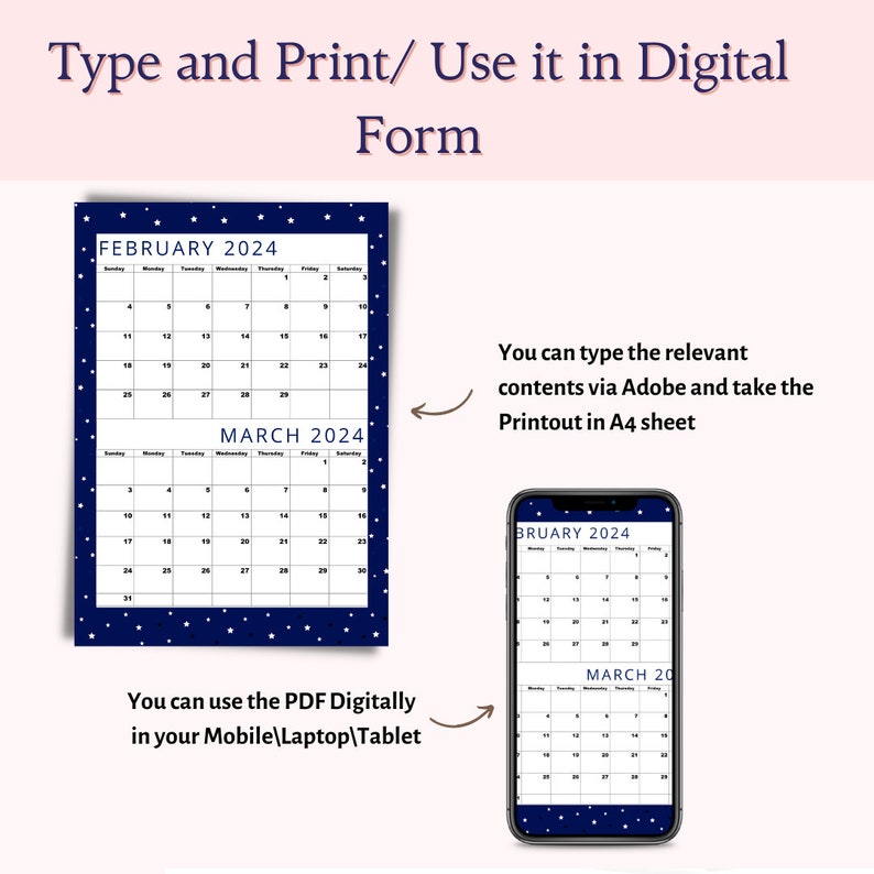 February 2024 Calendar,March 2024 Calendar,Cool Navy, Feb Mar 2024 ...