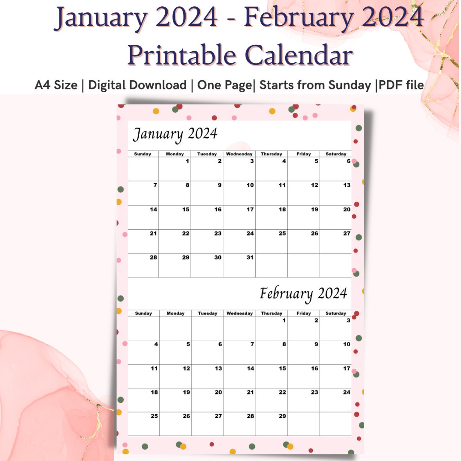 Buy January 2024 Calendar,february 2024 Calendar,pink,jan 2024 Feb 2024 ...