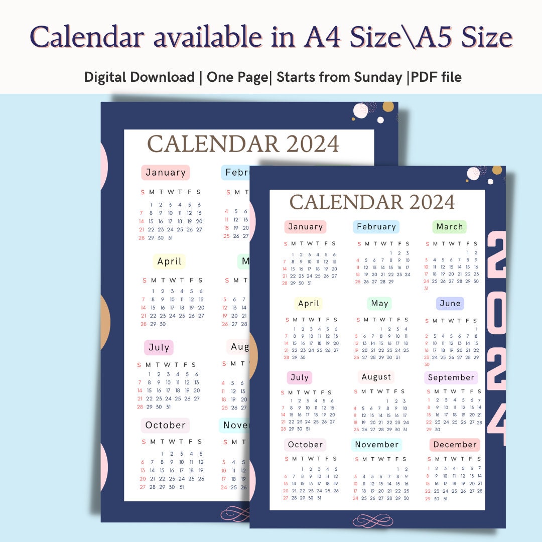 2024 Single Page Calendar, 2024 Year Calendar,a4 Size A5 Size, Digital ...