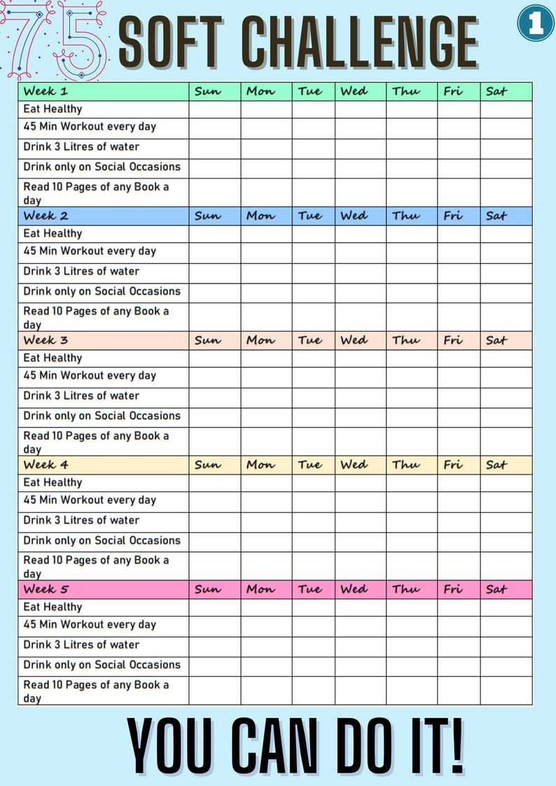 Printable 75 Soft Challenge Printable Tracker – A4 PDF With Daily ...