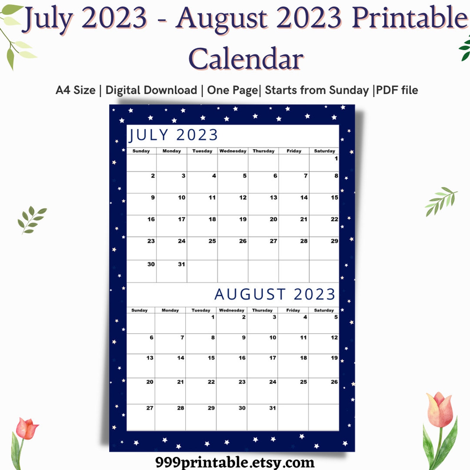 Buy July 2023 Calendaraugust 2023 Printabletwo Month One Online in ...