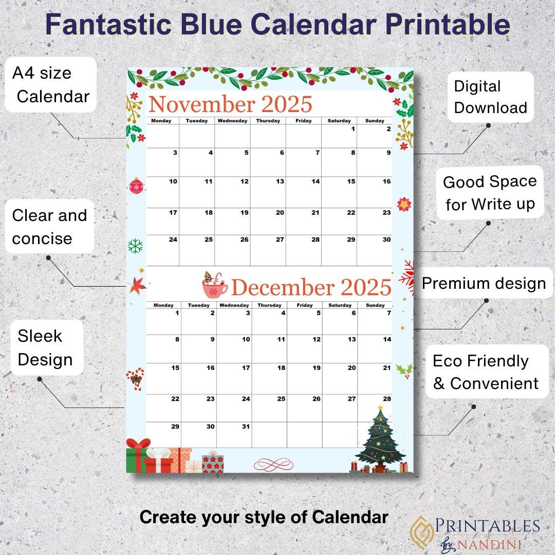 November and December 2025 Calendar Printable- Monday Start | Christmas ...