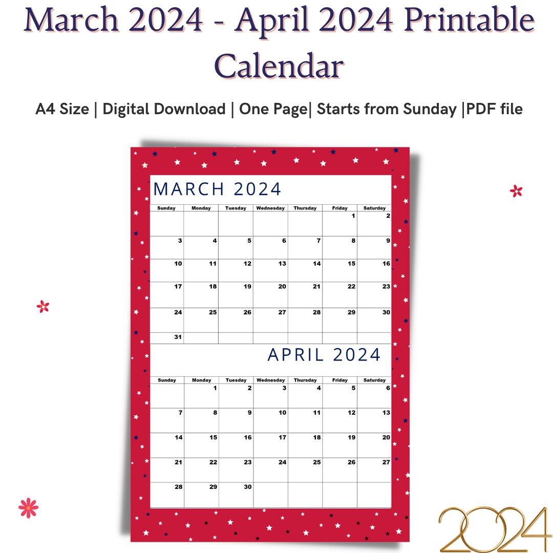 Buy March 2024 Calendar, April 2024 Calendar,lovely Red Calendar,mar ...