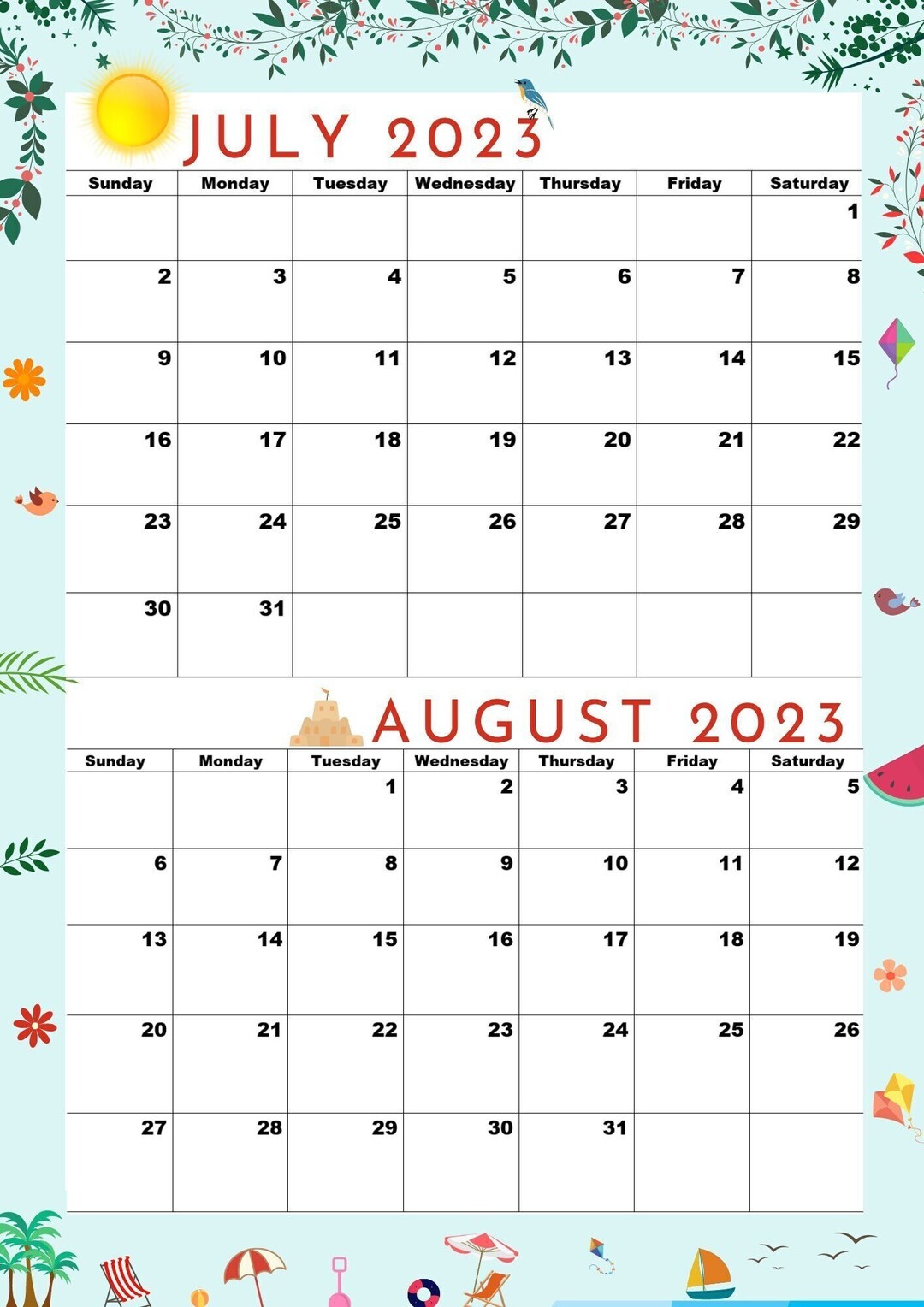 Buy July 2023 Calendaraugust 2023 Calendar2023 Online in India - Etsy